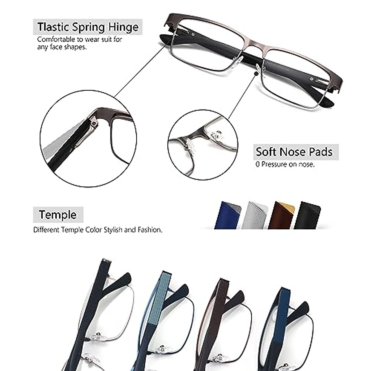 KISDATE OPTICS 4 Pack Reading Glasses Blue Light Blocking Men,Stylish Computer Readers Anti UV/Eyestrain Durable Metal Frame Spring Hinge Quality Eyeglasses Exquisite Leather Case (Mix Color +1.50)