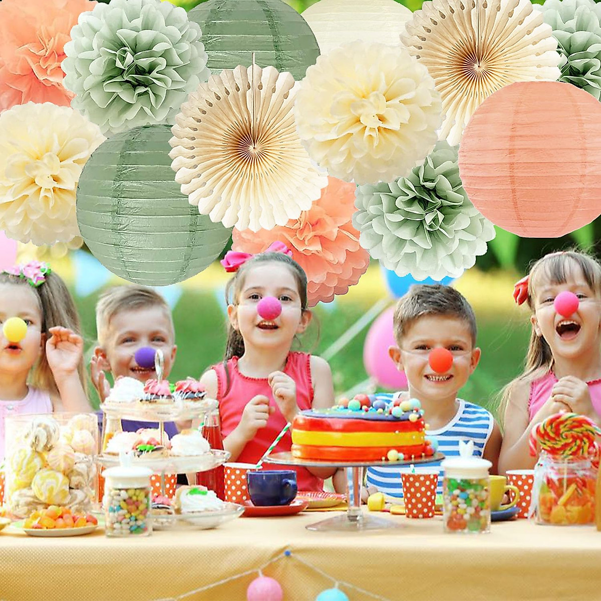 Sage Green Party Decorations Sage Cream Peach Tissue Paper Pom Poms Paper Lanterns Paper Fans for Neutral Birthday Baby Shower Bridal Shower Wedding Engagement Party Decoration