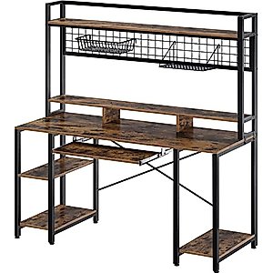 Rolanstar Computer Desk with Hutch and Keyboard Tray, 55" Office Desk with Storage Shelves, Studying Writing Desk Workstation for Home Office, Rustic Brown