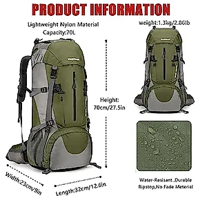 ALFREVER 70L Hiking Backpack, Waterproof Camping Essentials Bag, Lightweight Hiking Backpacking Back Outdoor Travel Pack (Forest green)
