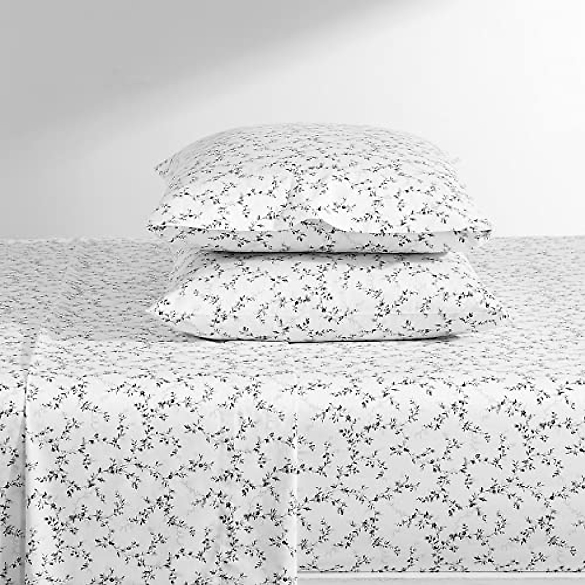 Laura Ashley Home - Queen Sheets, Soft Sateen Cotton Bedding Set - Sleek, Smooth, & Breathable Home Decor (Saras Sprig Black, 4 pieces, Queen)