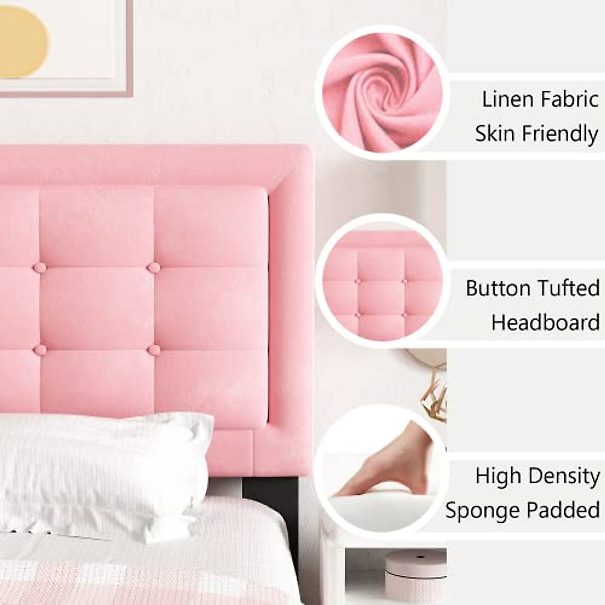 UNIZONE Full Upholstered Bed Frame with Headboard, Tufted Platform Bed with Button Headboard, Wood Slats Support, Mattress Foundation, No Box Spring Needed, Easy Assembly, Modern, Velvet, Pink