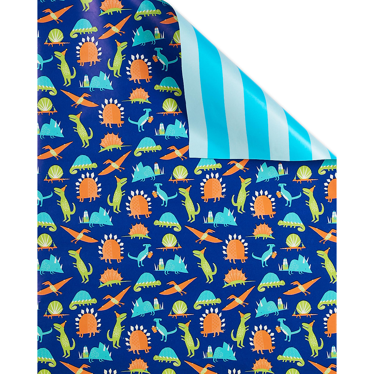 American Greetings Reversible Birthday Wrapping Paper for Kids, Dinosaurs and Unicorns (3 Rolls, 120 sq. ft)