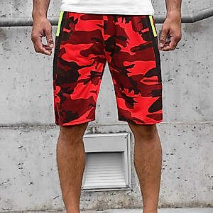 Men's Cargo Short Summer Casual Fitness Bodybuilding Camouflage Print Workout Shorts(Red, XXL)