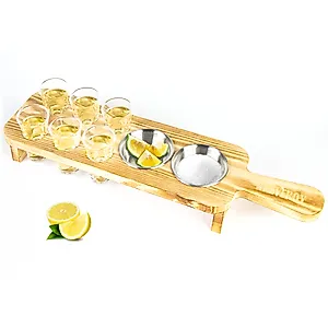 Shot Glasses Serving Tray Tequila Shot Glass Holder with 6 Shot Glasses Set Unique Wooden Holder for Drinking, Serving, Display and Storage Suitable for Bar, Restaurant and Party