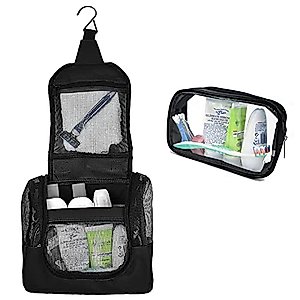 The Fine Living Co. Portable Hanging Shower Caddy Organizer Bag (Free Toiletries Case+Metal Hook) Quick Dry Mesh Shower Caddy Tote Bag Pouch For Bathroom College Dorm Camp Gym Camping 10”x4”x9”(Black)