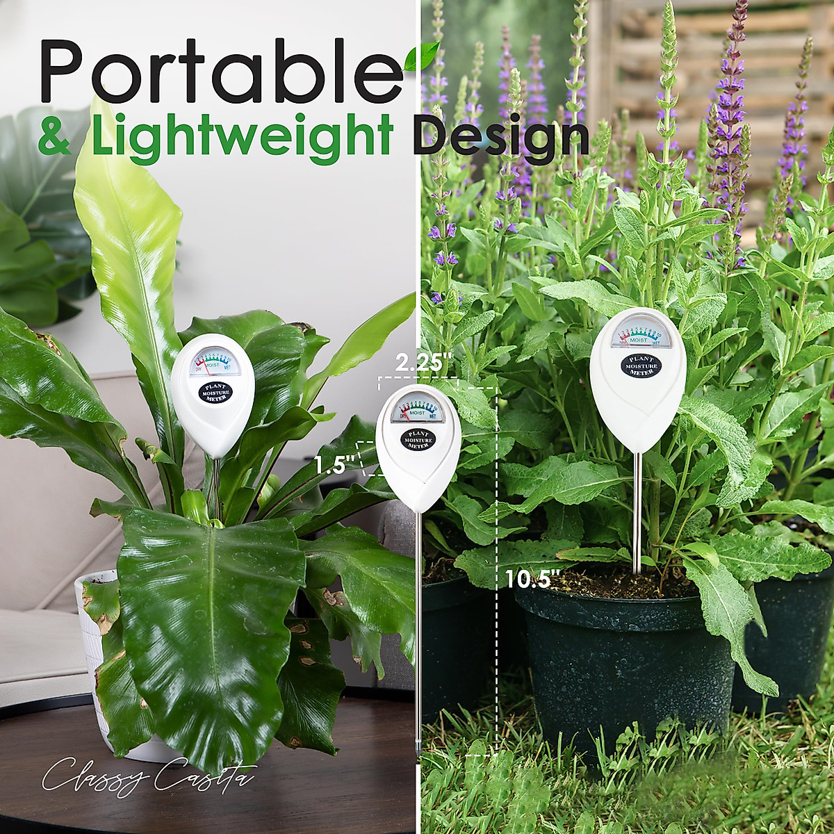 Classy Casita Soil Moisture Meter: Houseplant Care with eBook - Hydrometer Sensor For Plants - Essential Moisture Meter for Indoor & Outdoor Plants - Gardening Gadgets & Houseplant Accessories - White