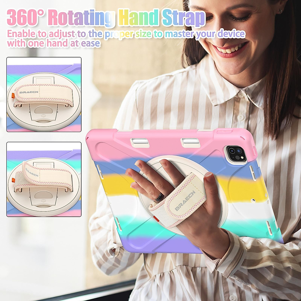 BRAECNstock Kids Case for Apple iPad Air 13 inch (M3/ M2)/ Pro 12.9 inch 6th/5th/4th/3rd Geneation, Shockproof Protective Case with Pencil Holder, [360° Rotating Hand Strap + Stand], Colorful Pink