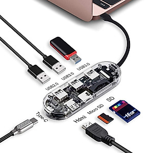 USB C Port Expande, 7-in-1 Hub Docking Station Transparent SD Card Reader HDMI Adapter USB C Hub Devices Adapter PD Charging (5Gbps