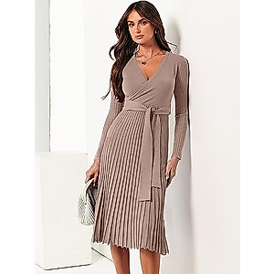 ANRABESS Long Sleeve Sweater Dress 2023 Fall Wrap Pleated V Neck Work Office A Line Tie Waist Soild Color Belted Ribbed Knit Bodycon Midi Sweater Dress 937doukou-XL