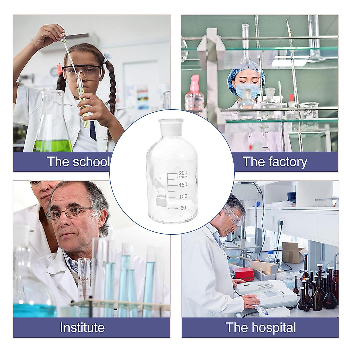 iplusmile Labs Reagent Bottle, 250 mL Soda Glass, Wide Neck with Stopper, Chemistry Sample Glass Bottle with Glass Stopper for Reagent