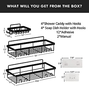 Amorettise 12 Pack Shower Caddy, Shower Shelves - 6 Pack Adhesive Bathroom Shower Shelf No Drilling with 6 Soap Holders, Stainless Shower Rack Bathroom Organizer for Storage Decor (Black)