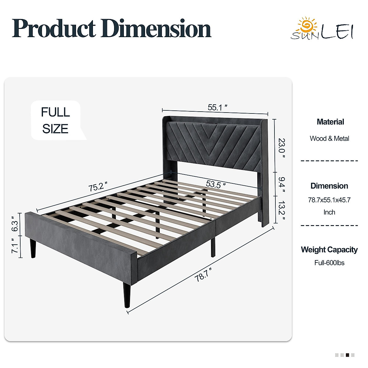 SUNLEI Bed Frame with Wingback Storage Headboard, Full Size Bed Frame with Charging Station and Velvet Fabric, Strong Wood Slats, Easy Assembly, No Box Spring Needed, Light Grey…
