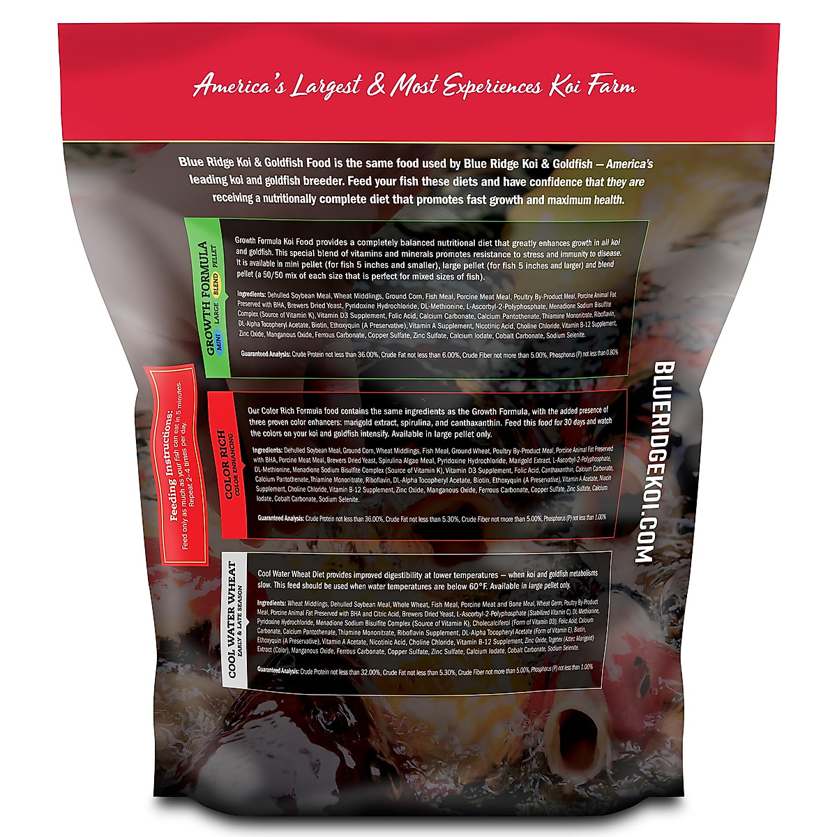 Blue Ridge Koi Fish Food 5lb - Koi Food 3/16” Large and Mini Blend Growth Formula, Goldfish Food, Premium Fish Food for Ponds, Ponds Fish Food, Floating Pond Pellets