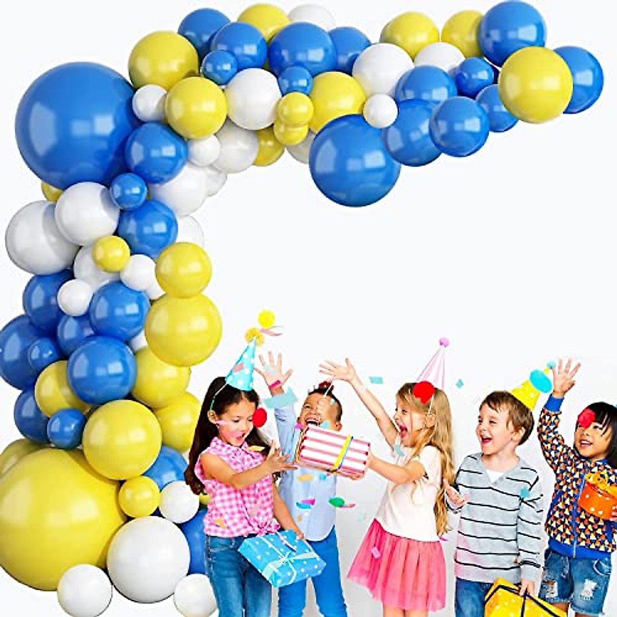 Blue Yellow White Balloon Garland Kit, 90 Pack Blue Yellow White Latex Balloons with 16FT Strip for Baby Shower Anniversary Birthday Wedding Graduation Office Party DIY Decoration