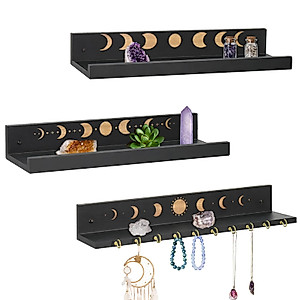 Crystal Shelf with Hooks Set of 3, Moon Shelf Display Wall Mount, Wood Floating Shelves for Celestial Decor and Room Decor, Crystal Display Shelf Holder for Stones, Essential Oils (Black)