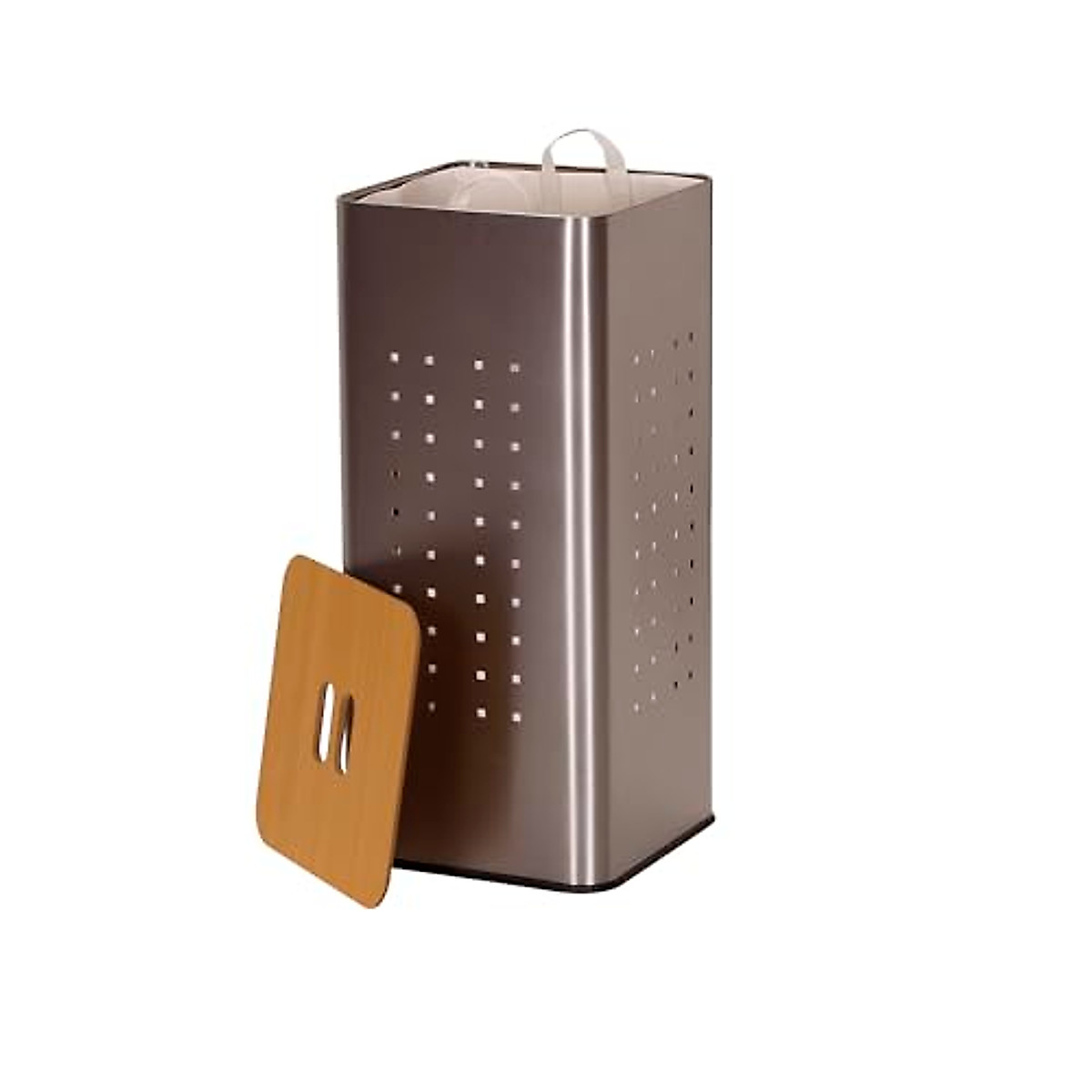 Household Essentials 7080-1 Square Metal Laundry Hamper -Removable Liner Bag and Wood Lid - Stainless Steel