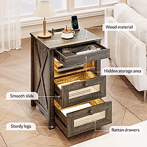 FREDEES Rustic Nightstand with Gun Drawer, End Table with Charging Station, LED Bedside Table with Human Sensor Light, Rattan Night Stand for Bedroom, Brown