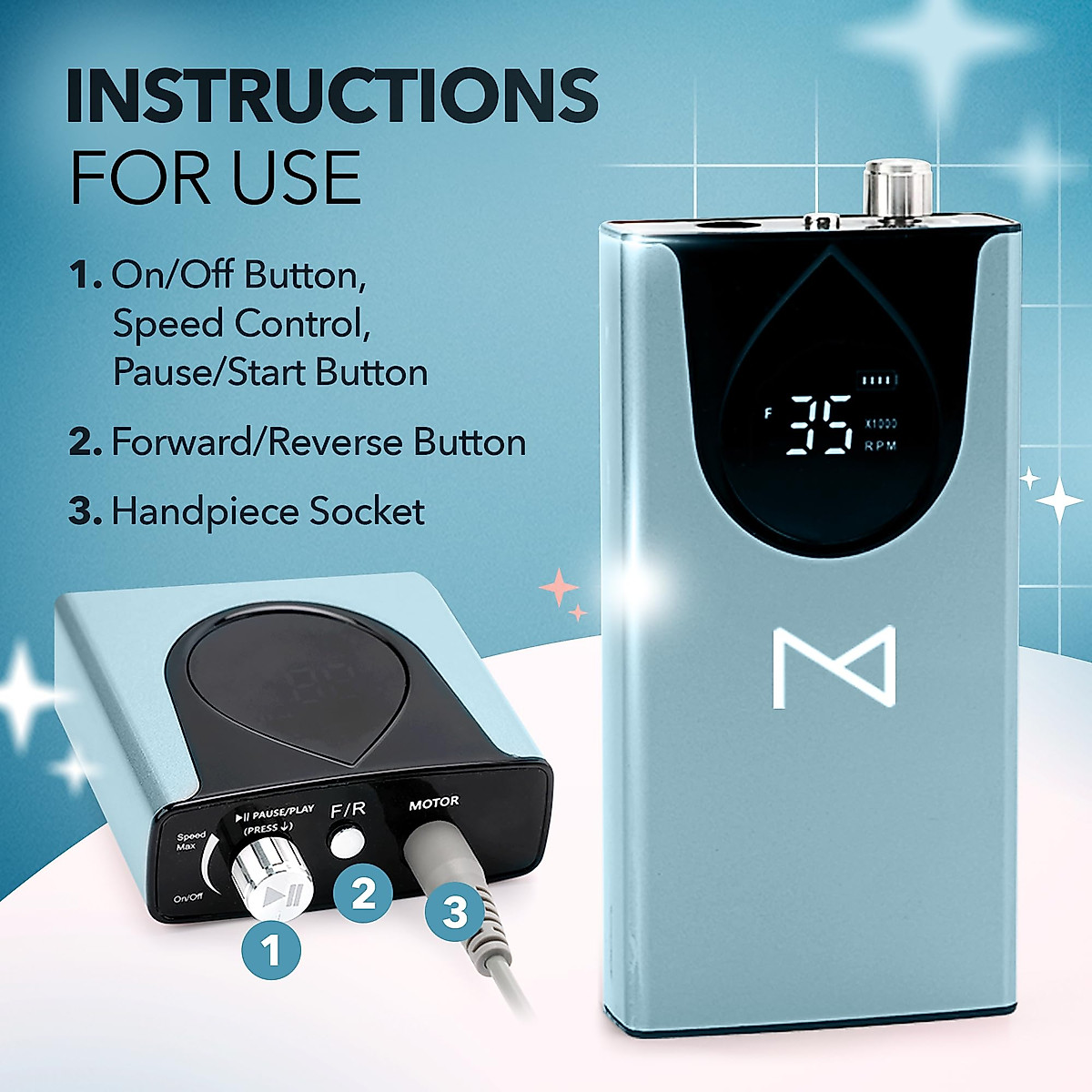 M Max - Professional Nail Drill Machine - 2-in-1 Brushless Motor Nail File - Electric, Cordless, Aluminium Alloy Casing, 35000 RPM, HD Display - Perfect for Salon & Home Use (Mermaid)