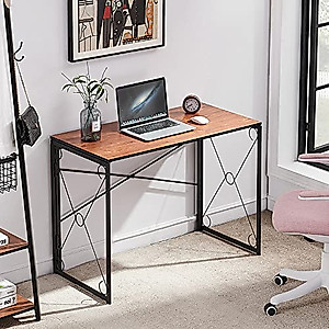 VECELO Folding Computer Desk 39.4'', Simple Laptop Table Home Office Workstation for Reading Writing, No Assembly Needed, Small Space, Teak Brown