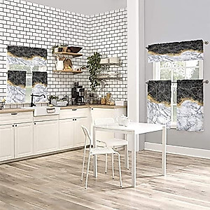 Marbre 3 Pieces Kitchen Valance Window Curtain Set Rod Pocket Marble Gold White Black Geometric Rose Stone Abstract Modern Vintage White Golden Tier Curtains for Living Room Bathroom