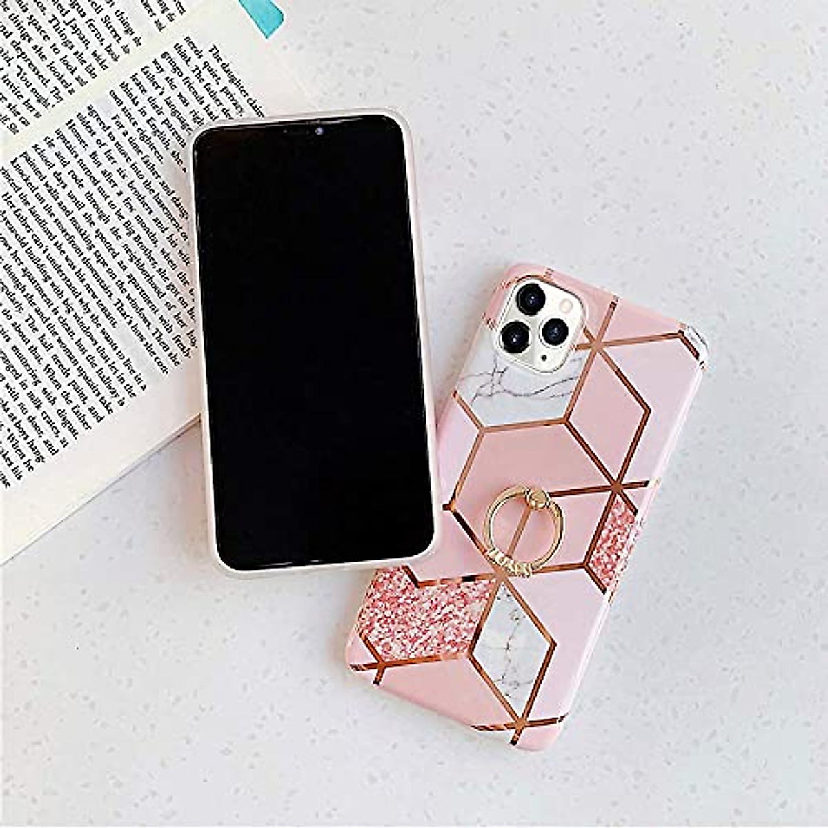 Qokey Compatible with iPhone 11 Pro Max Case,Marble Cute Fashion for Men Women Girls with 360 Degree Rotating Ring Kickstand Soft TPU Shockproof Cover Designed for iPhone 11 Pro Max 6.5" Grid Bling