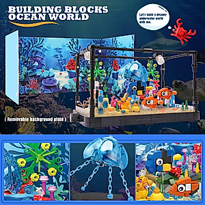 Fish Tank Building Block, Lighting Aquarium Building Sets for Adults and Kids Including Ocean Jellyfish, Dolphin, Turtle, Crab, Animal Building Toys for Boys Age 8-12, 725pcs