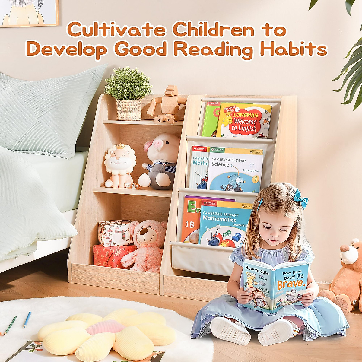 infurnic 3 Tier Kids Wooden Bookshelf Baby Toddler Bookshelf and Toy Storage Organizer with Three Layer Sling Bookcase for Kids Room Playroom Nursery Classroom