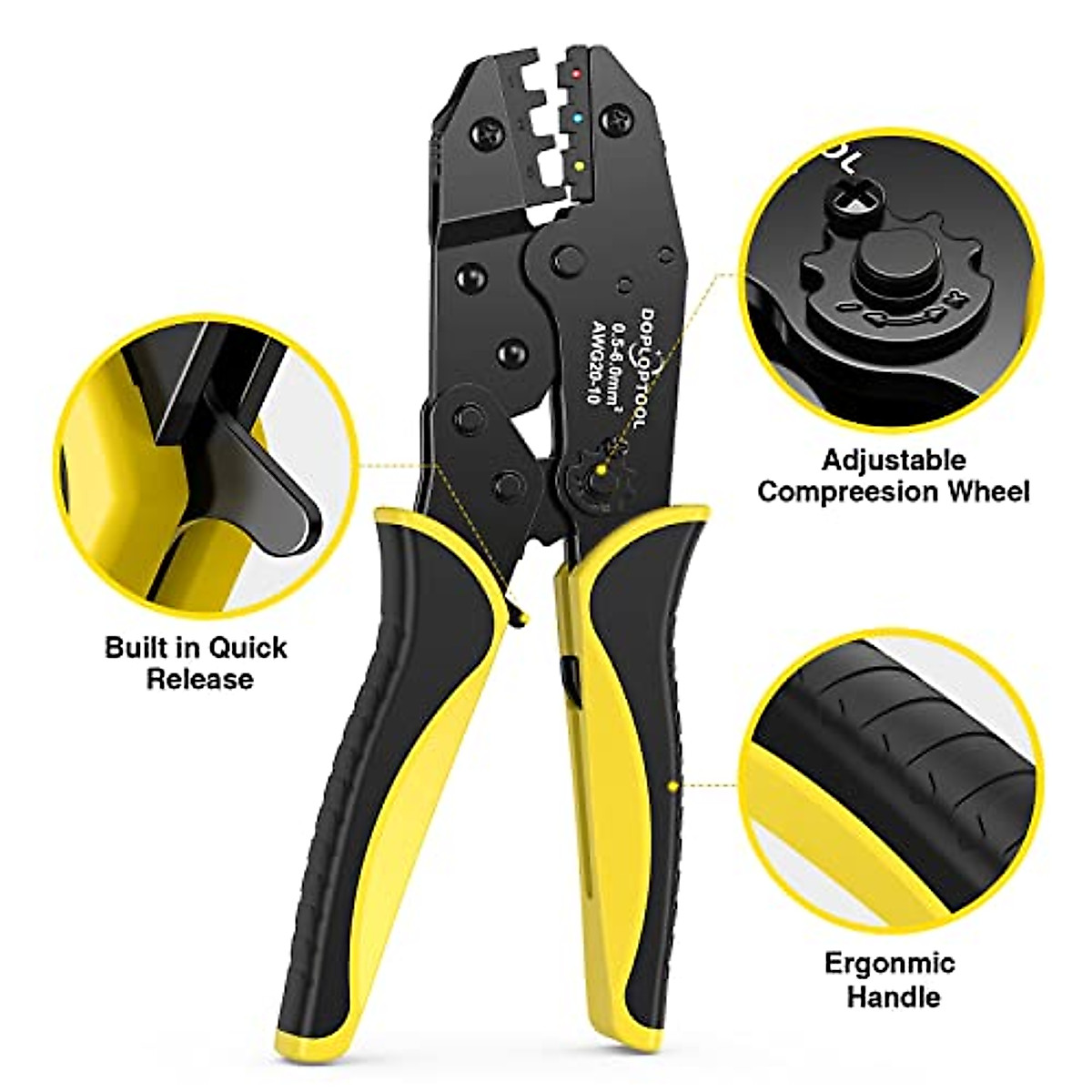 Crimping Tool for Heat Shrink Connectors, DOPLOP TOOL Ratcheting Wire Crimper Tool for 20-10 AWG (0.5-6mm²), Crimping Pliers for Cutting Wires and Insulated Wire Crimping Tool