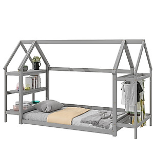 Harper & Bright Designs Twin House Floor Bed with 2 Detachable Stands, Wood Twin Floor Bed for Kids, Montessori Beds, Playhouse Bed, Twin Size Bed Frame for Girls, Boys (Gray)