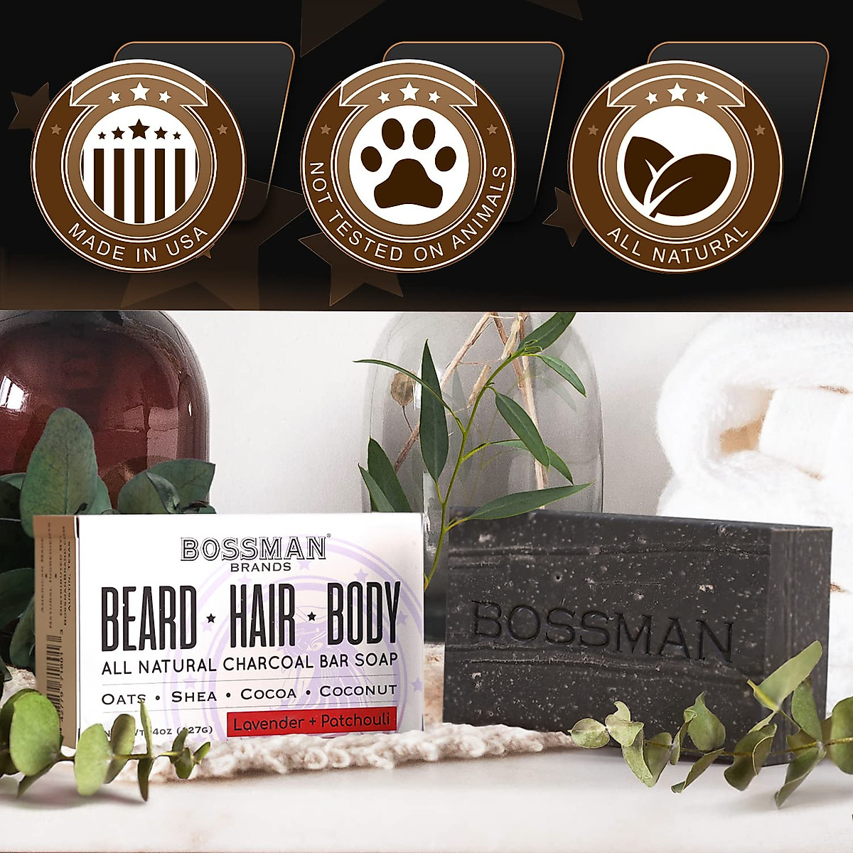 Bossman Men's Bar Soap 4 in 1 Beard Wash, Shampoo, Body Wash and Conditioner, 4 oz