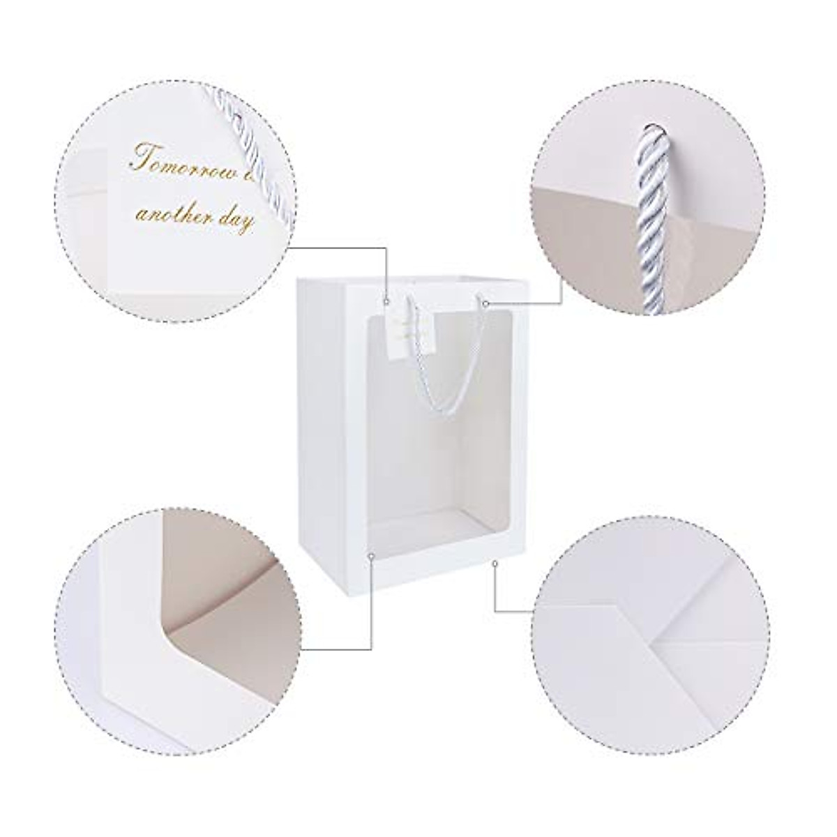 sdoot Gift Bags, Gift Bags with Transparent Window, 10pcs Tote Paper Bags, 7.9''×5.9''×11.8'' White Gift Bags with Handles Bulk, Wedding Party Bags