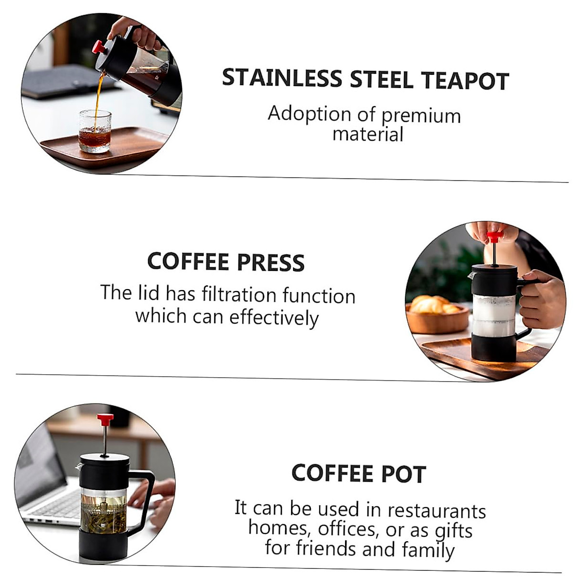 LABRIMP Stainless Tea Kettle French Coffee Press Espresso Coffee Machine Hand Drip Coffee Tea Infusion Pot Coffee Machines for Home Espresso Shots High Borosilicate Glass