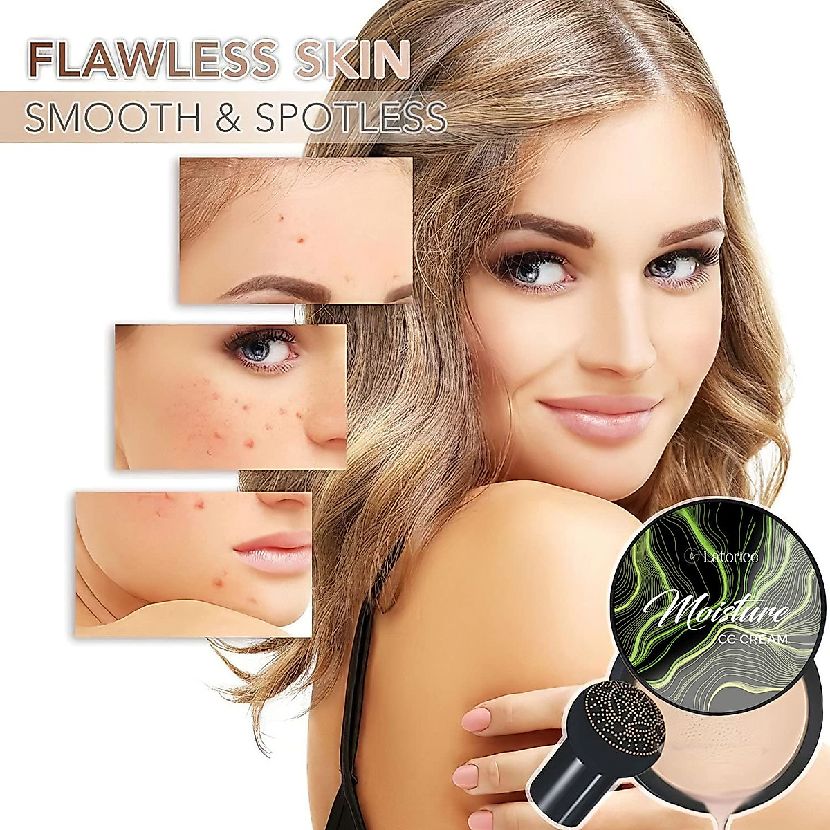 LATORICE Air Cushion CC Cream BB Cream, Mushroom Head Foundation, Moisturizing Concealer, Bright Makeup Base Long Lasting with Mushroom Makeup Sponge (Romantic)