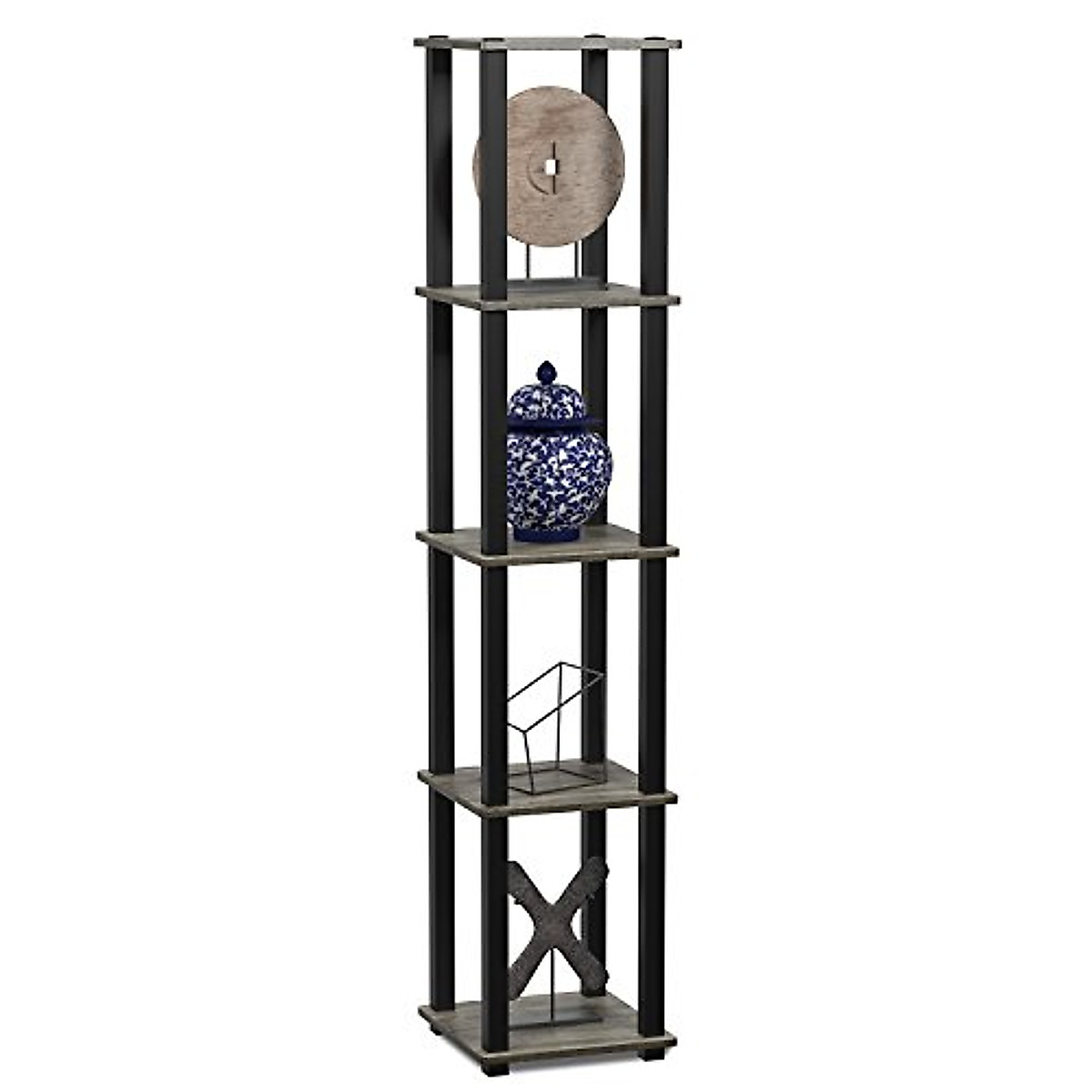 FURINNO Turn-S-Tube 5-Tier Corner Square Rack Display Shelf, French Oak Grey/Black