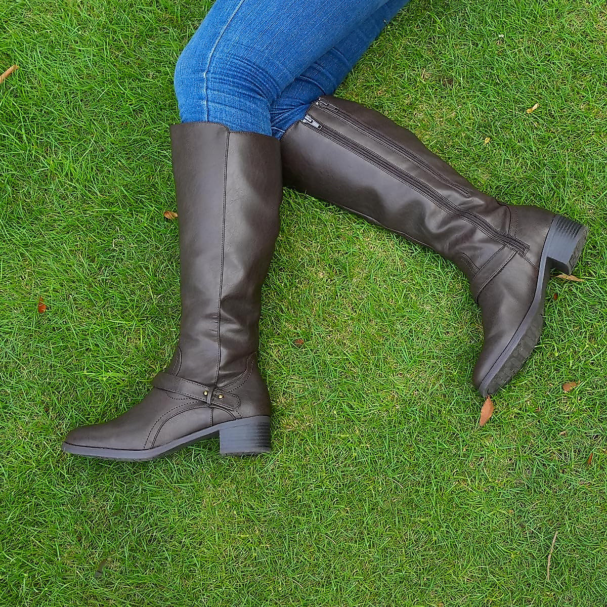 Hawkwell Women's Wide Calf Double Zipper Knee High Riding Boots, Brown PU, 7.5 M US