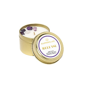 Aluminate Life Luxury Candle Tin, 4 OZ, Release - Amethyst Crystal Infused - Scents of Lavender, Bergamot, & Frankincense - Relieve, Support, & Transform - Coconut Wax, Essential Oils, Dr. Developed