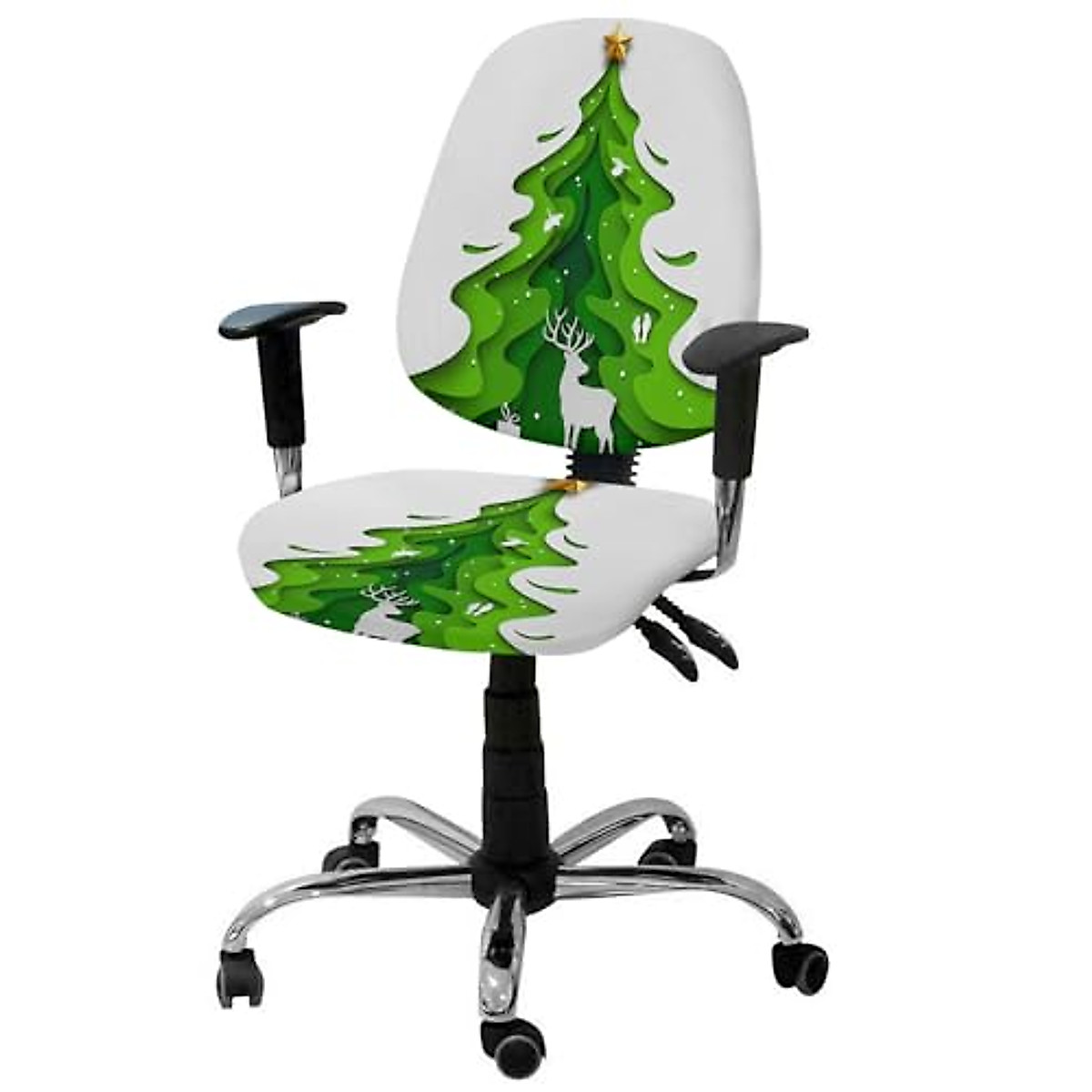 Christmas Tree Office Chair Cover Stretchable Computer Chair Seat Cover Backrest Slipcovers, Stretchable Rotating Desk Chair Seat Cushion Split Protectors Modern Geometric Green Elk Star Bird
