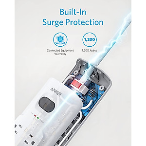 Anker Power Strip Surge Protector with USB, 6ft Extension Cord, 8 Outlets & 2 USB Ports with Flat Plug, PowerIQ for iPhone 14/13 Pro/13, Galaxy, for Home, Office, and More (1200 Joules)