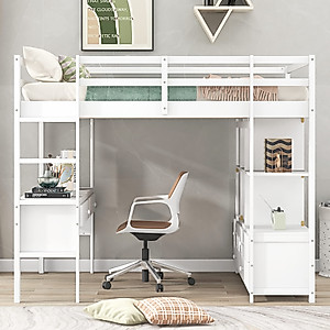 Harper & Bright Designs Full Loft Bed with Desk, Solid Wood Frame Storage Shelves and Drawers (Full Size, White), Gray(storage)
