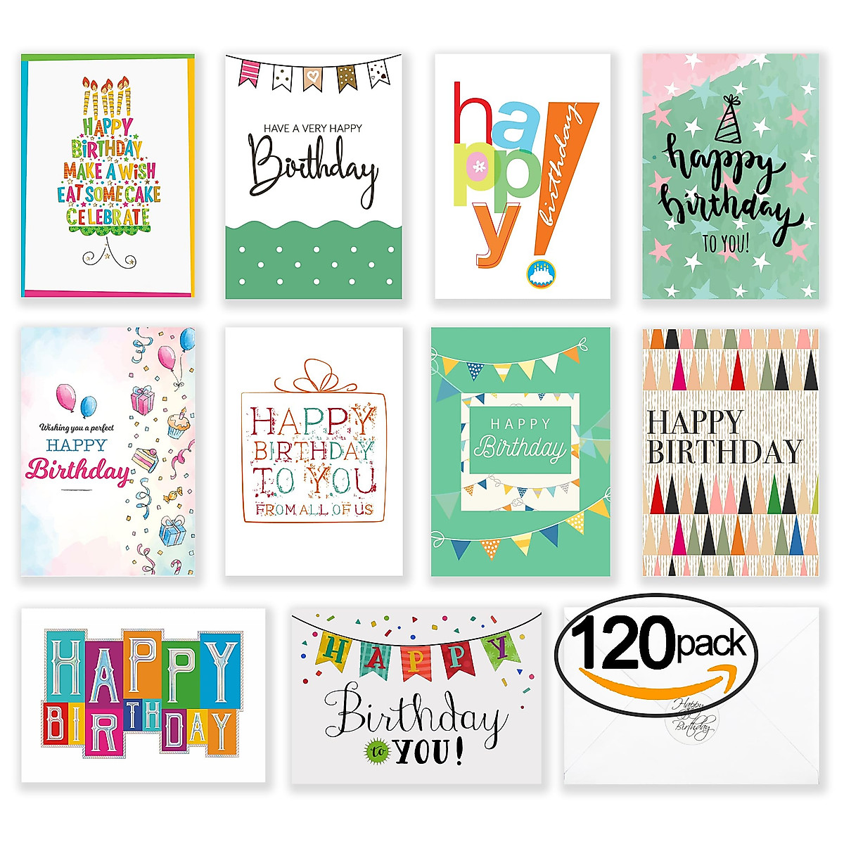 120 Happy Birthday Cards with Short Generic Message Inside , Assorted Greeting Notes Bulk with Envelopes and Stickers, 10 Unique Designs, 4x6 Inch, Thick Cardstock, Sturdy Box for Business and Personal
