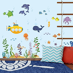 wondever Under The Sea Submarine Wall Stickers Tropical Fish Seaweed Dolphin Peel and Stick Wall Art Decals for Baby Nursery Kids Bedroom Bathroom