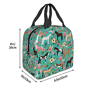 srufqsi Horses And Flowers Lunch Bag Insulated Water-Resistant Tote Bag Reusable Lunch Box For Picnic Travel
