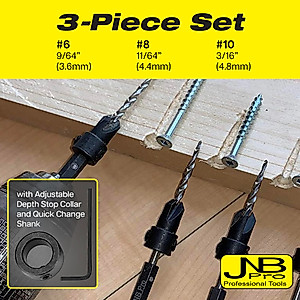 JNB Pro Wood Countersink Drill Bit Set 3 Pieces #6 (9/64') #8 (11/64") #10 (3/16") Avellanador para Madera with Adjustable Stop Collar and Hex Wrench - Quick Change Woodworking Drill Bits