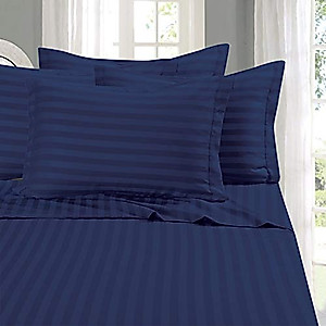 Elegant Comfort #1 Bed Sheet Set on Amazon - Super Silky Soft - 1500 Thread Count Egyptian Quality Luxurious Wrinkle, Fade, Stain Resistant 6-Piece Stripe Bed Sheet Set, Queen Navy