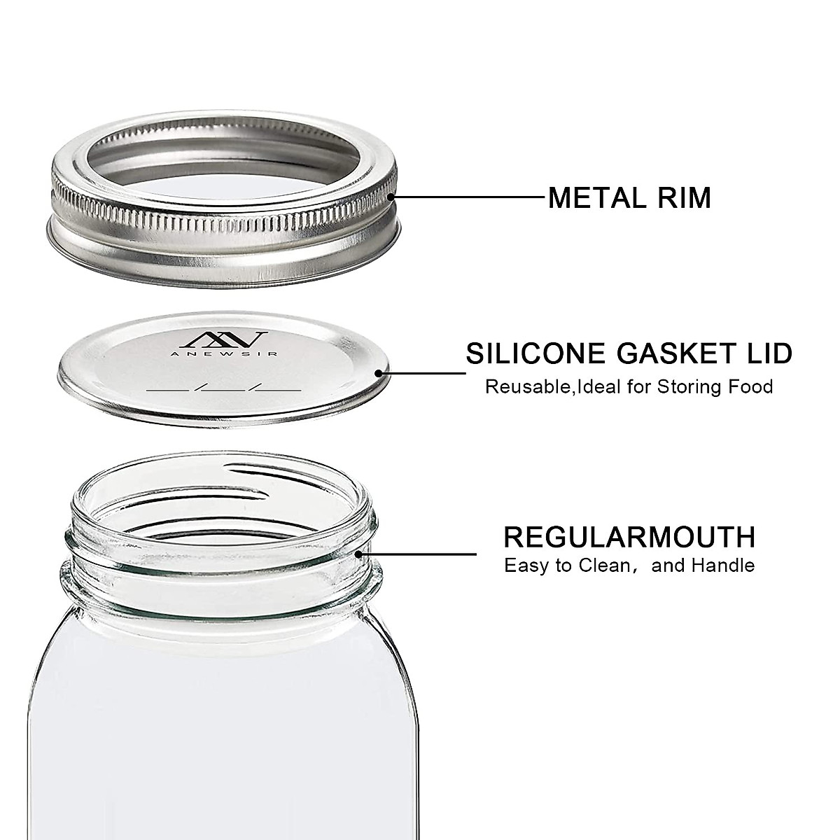 ANEWSIR Mason Jars Variety Pack (Set of 14), Regular Mouth Canning Jars with Lids and Bands, Spilte-Type, 32oz 2 Pack, 16oz 6 pack and 8oz 6 pack