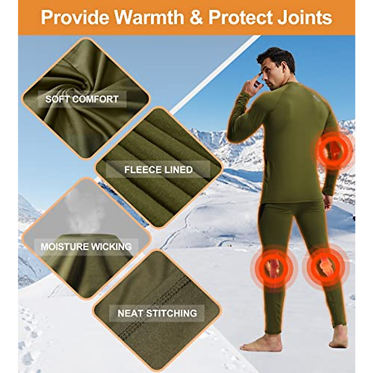 romision Thermal Underwear for Men, Fleece Lined Long Johns Hunting Gear Base Layer Top Bottom Set for Cold Weather