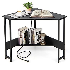 COSTWAY Corner Computer Desk, with USB Ports & Power Outlet, Storage Shelf for Small Space, Triangle Steel Frame Corner Desk for Home Office, Workstation (Black)