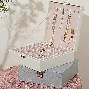 homing 50 Slots Earring Organizer Box with 8 Necklace Hooks, Birthday and Christmas Gifts, Classic 2 Trays Faux Leather Women Jewelry Storage Case for Rings, Bracelet, Grey