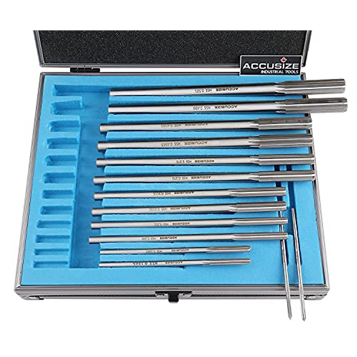 Accusize Industrial Tools Over and Under Sizes 0.1240'' Thru 0.5010'' HSS M2 Premium Chucking Reamer Set, Right Hand Cut, 14pcs/Set, 5528-SX00